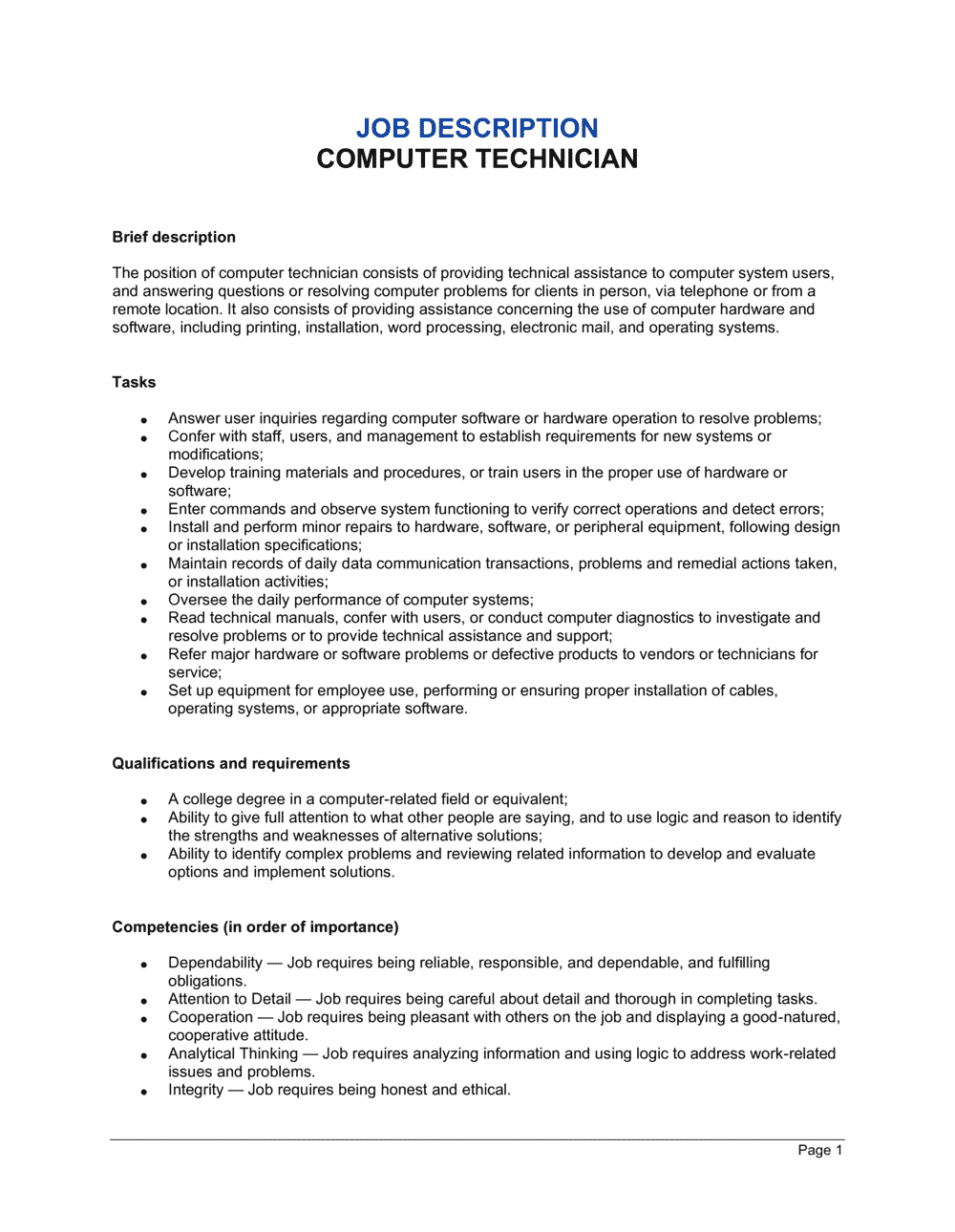 Computer Technician Job Responsibilities Job Responsibilities