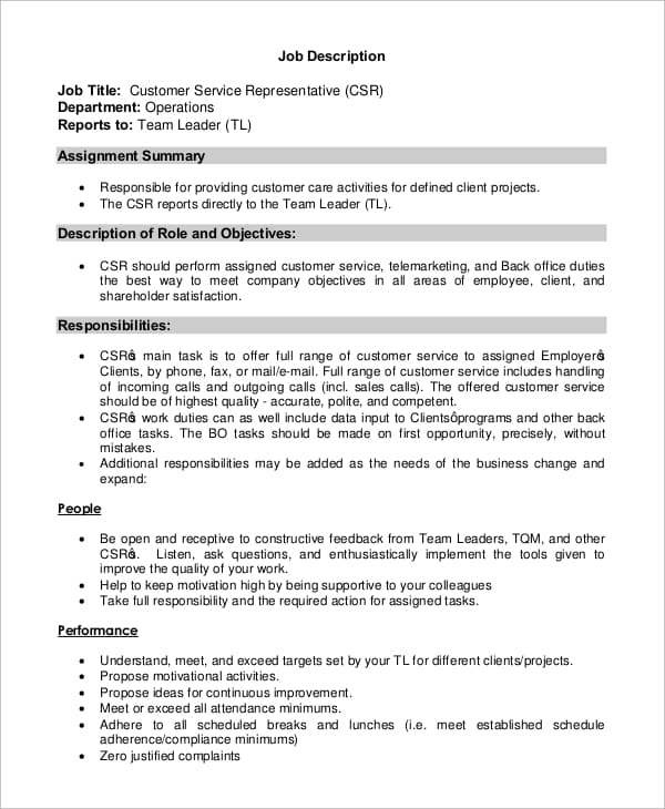 Customer Service Rep Job Responsibilities Job Responsibilities